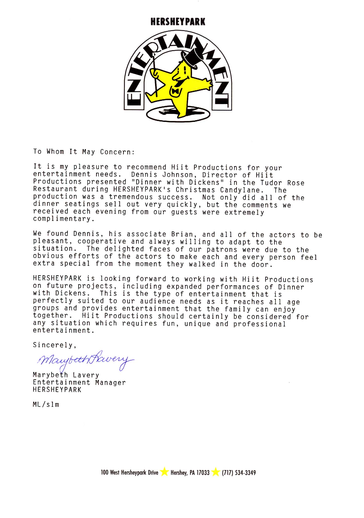 Hersheypark Entertain Dickens Letter